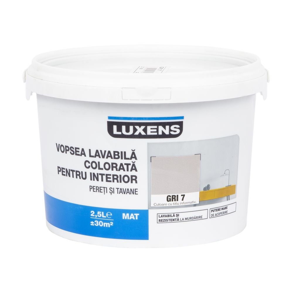 Vopsea lavabila colorata Luxens, de interior, 2.5 L, gri 7, aspect mat
