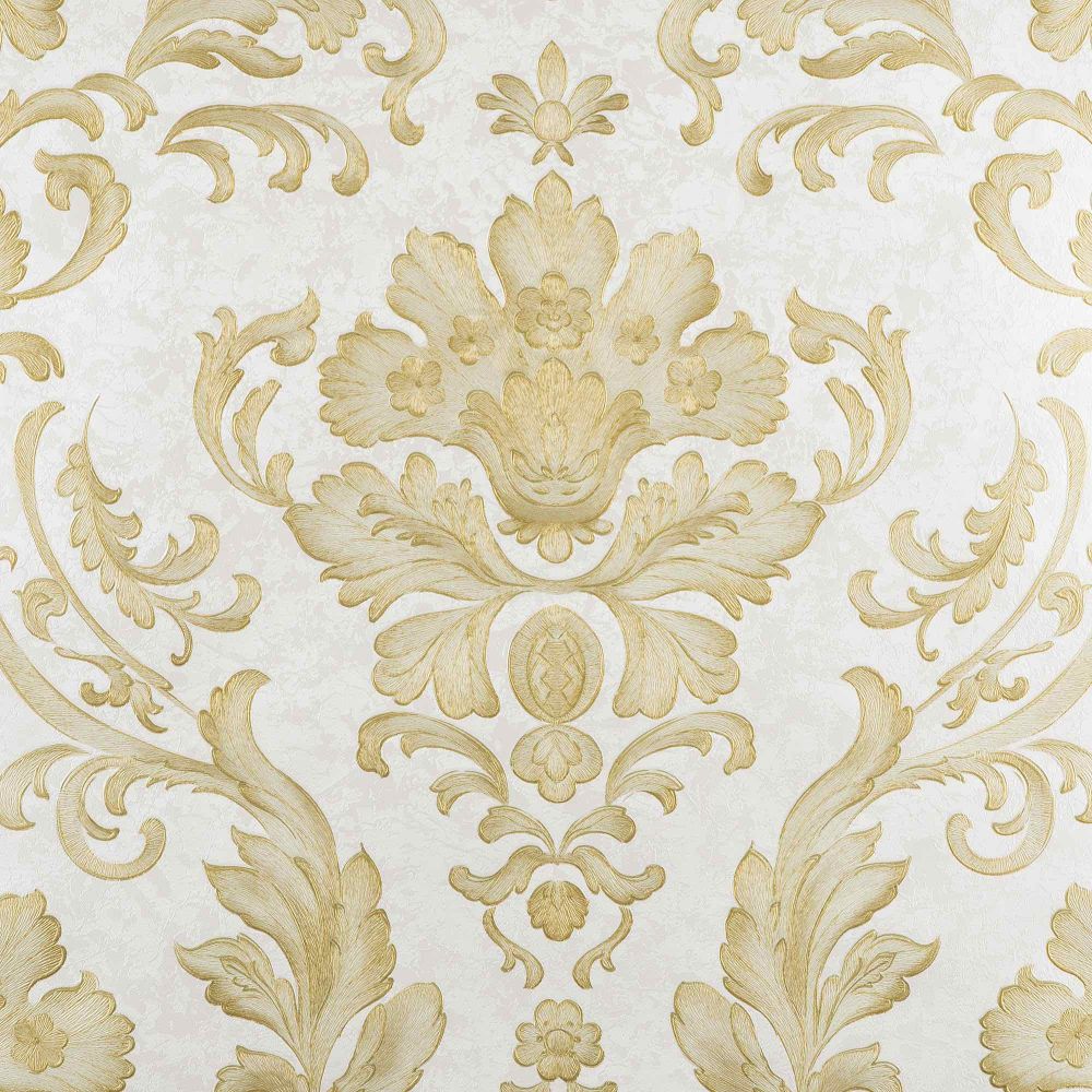 Tapet alb si auriu, model vegetal cu frunze "Imperiale" (pret / rola)