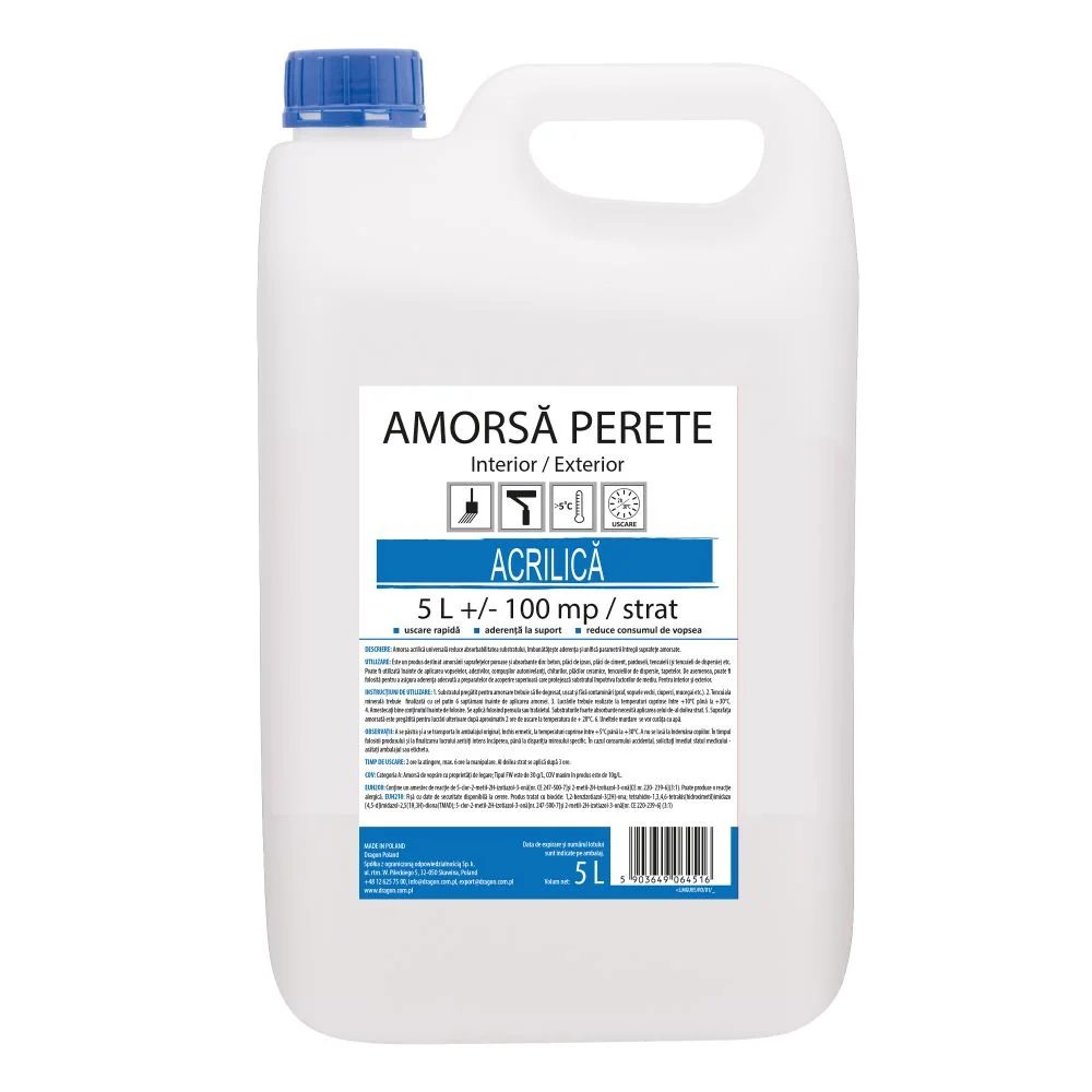 Amorsa pentru perete, interior/exterior, acrilica, alb, 5 L