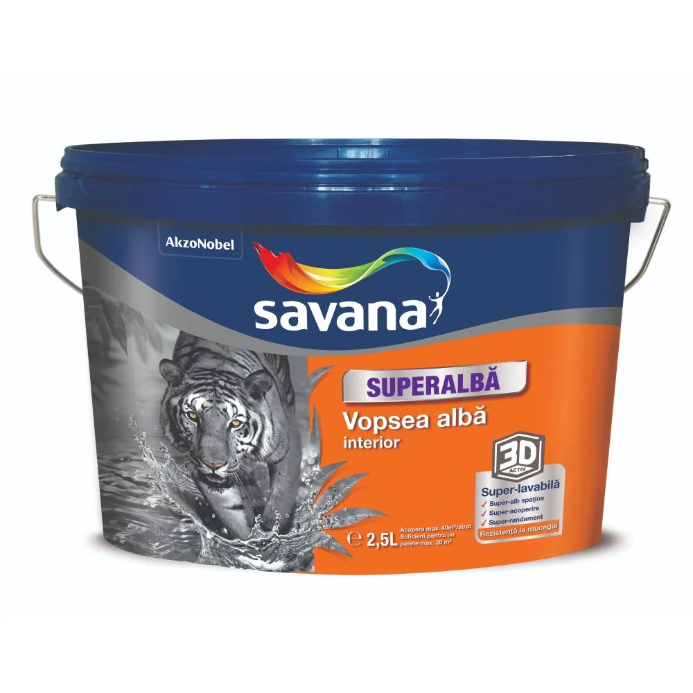 Vopsea superlavabila alba Savana, de interior, 2.5 L, aspect mat