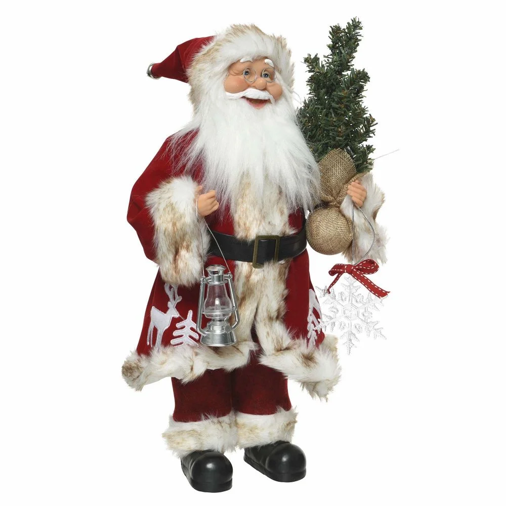 Figurina Mos Craciun cu bradut, plastic si textil, inaltime 30 cm, rosu