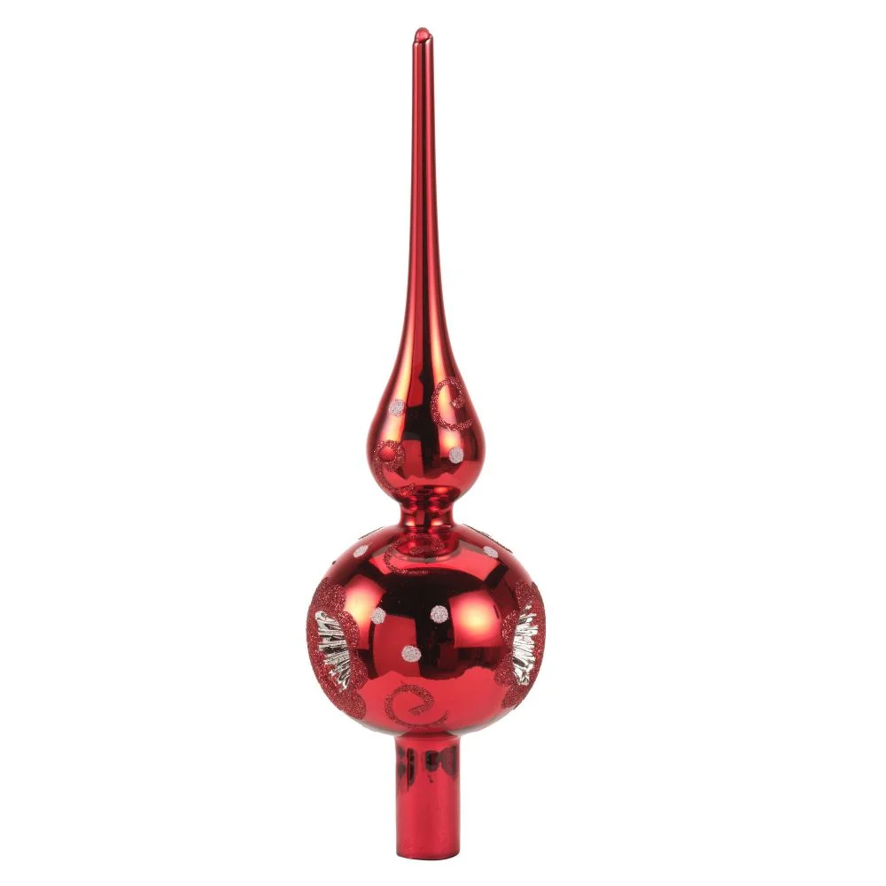 Varf de brad, decorat cu flori, sticla, inaltime 31 cm, rosu, lucios
