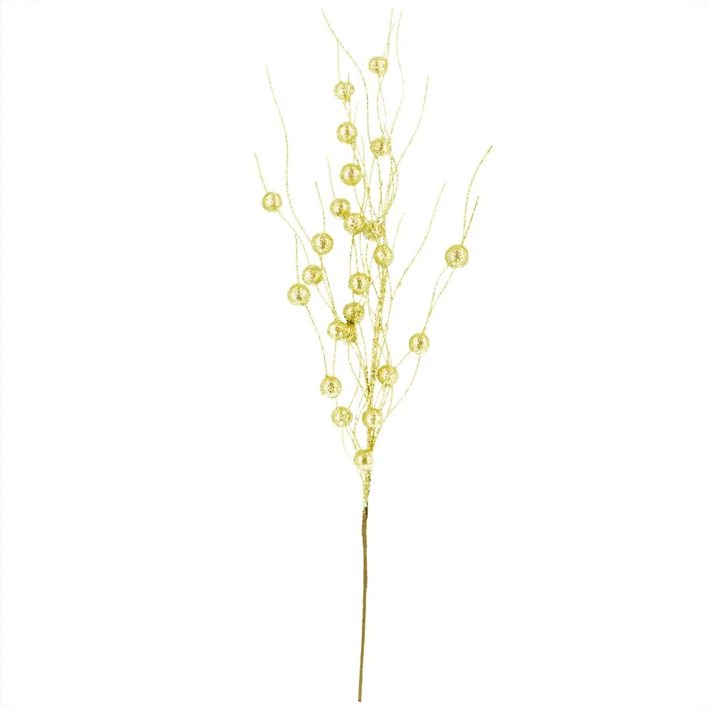 Crenguta decorativa, cu margele albe si sclipici, din spuma, 57 cm, auriu