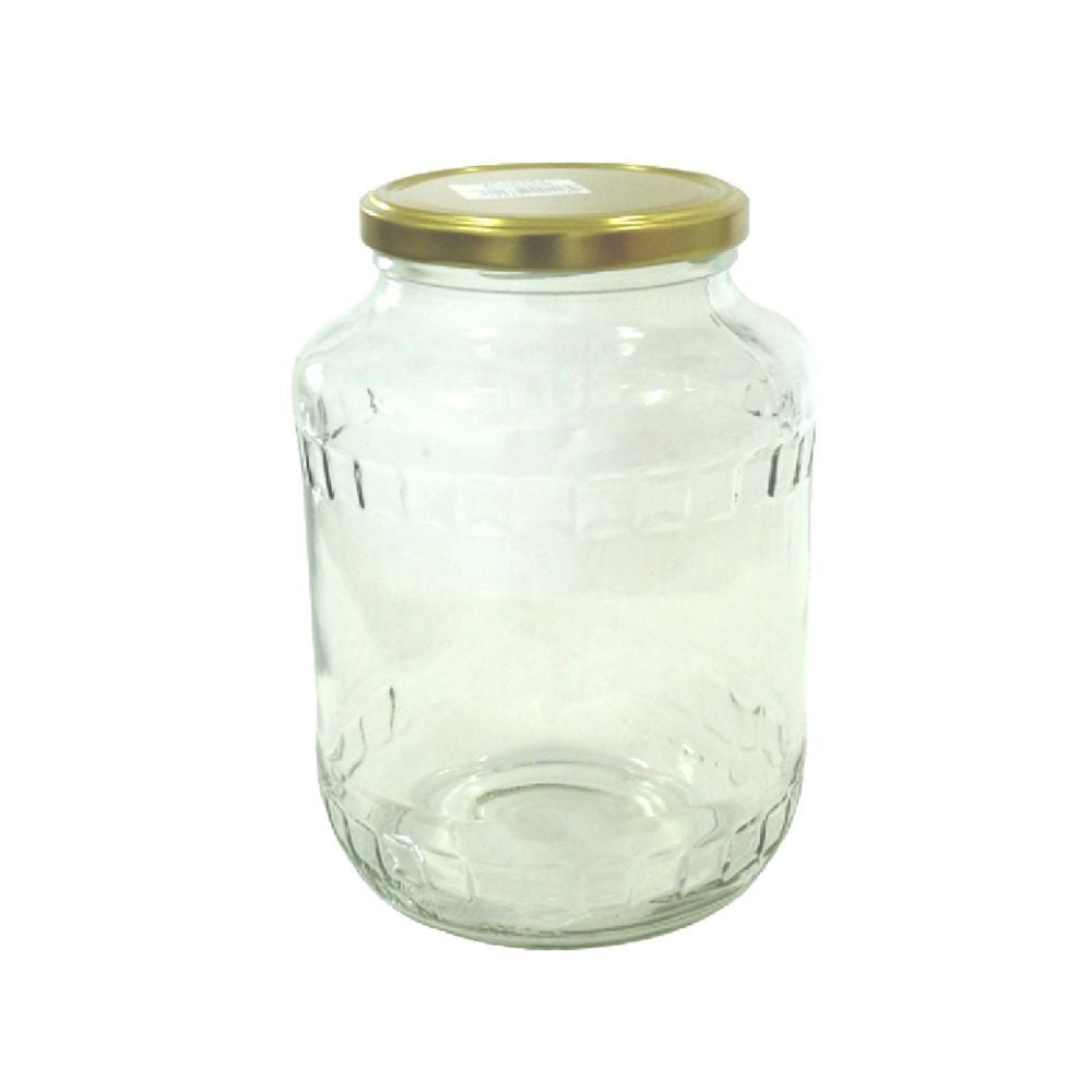 Borcan cu capac, sticla, capac metal auriu, capacitate 1700 g
