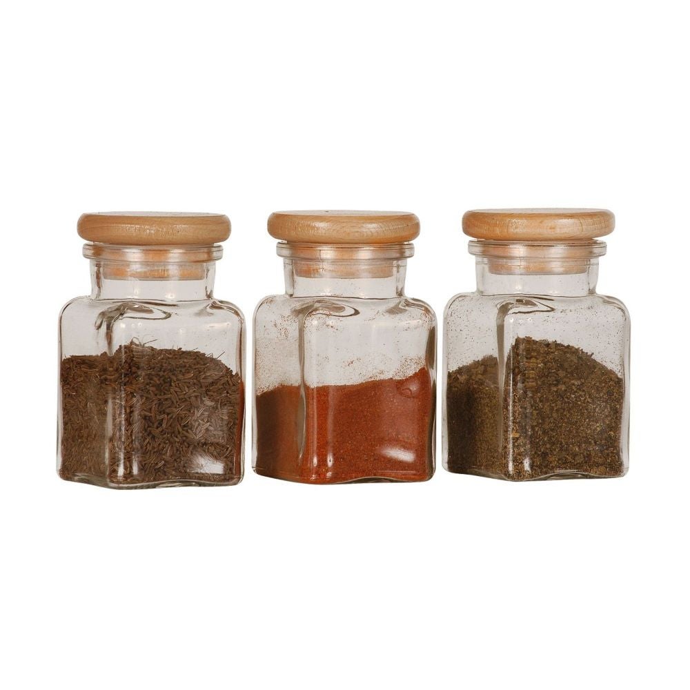 Recipiente pentru condimente, din sticla si lemn, 17.2 x 5.7 x 10 cm ...