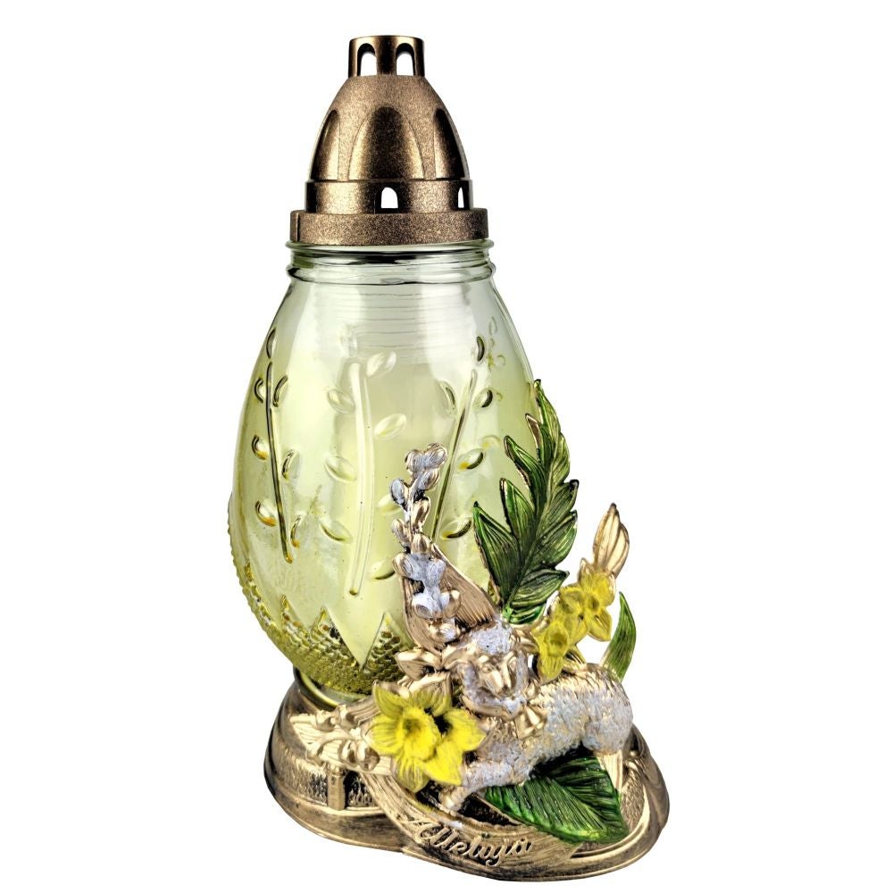 Candela din sticla, decoratiune Paste, timp ardere 15 ore, model ou