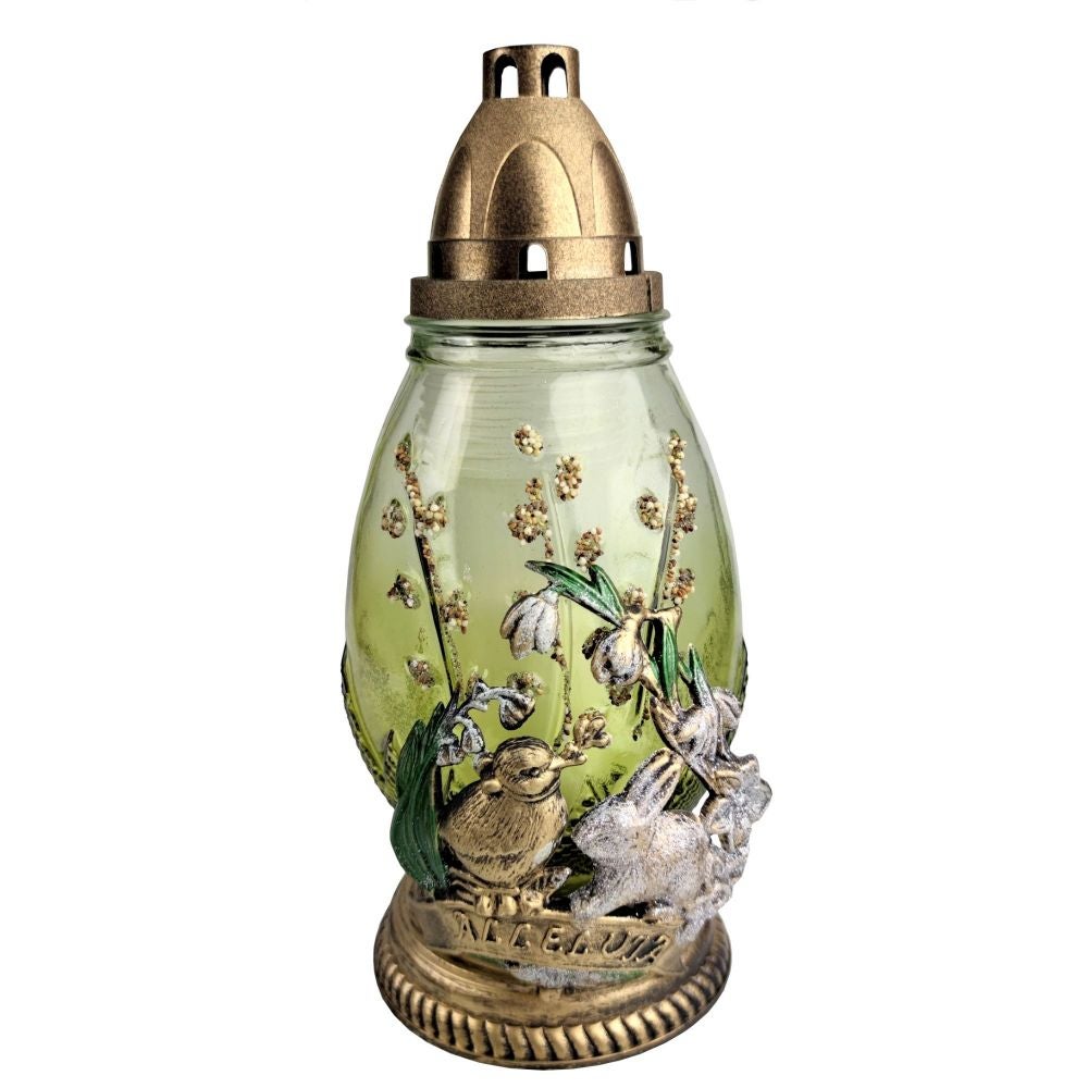 Candela din sticla, decoratiune Paste, timp ardere 15 ore, model iepure