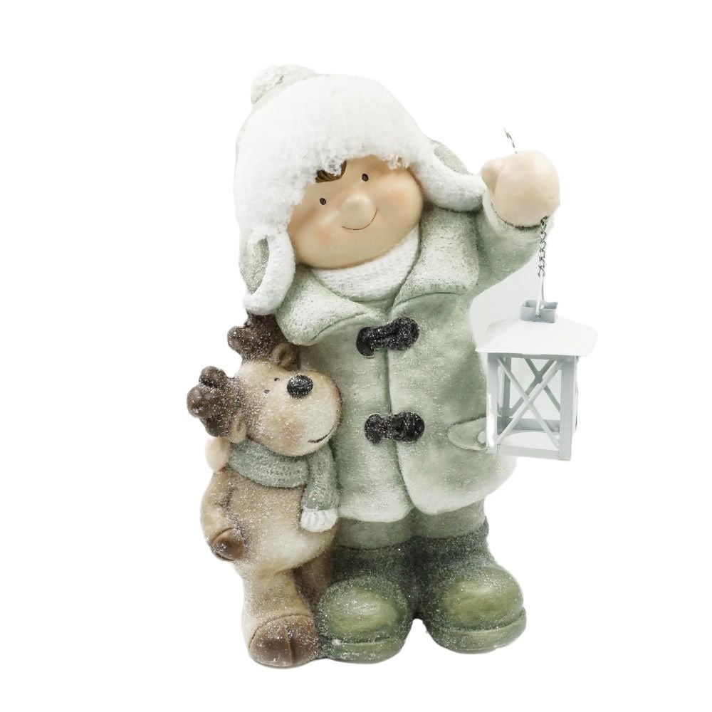 Figurina Craciun, baietel cu ren si felinar, ceramica,inaltime 41 cm, verde