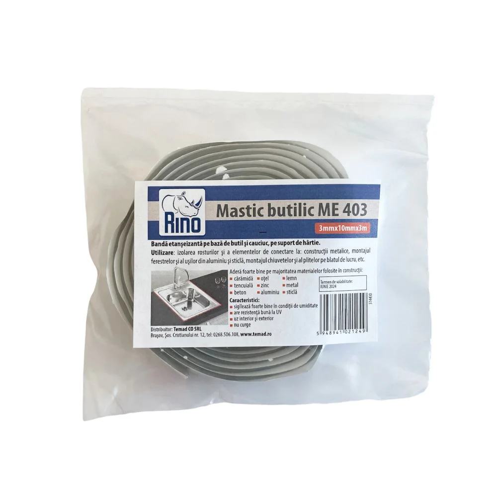 Banda etansare butilica Rino, pentru chiuveta si plita, gri, 3 m