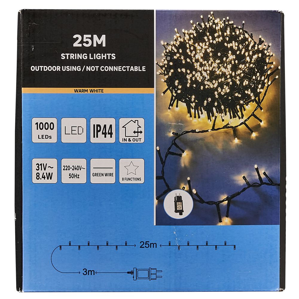 Instalatie de Craciun, tip sir, 1000 LED-uri, lungime 25 m, lumina alb cald