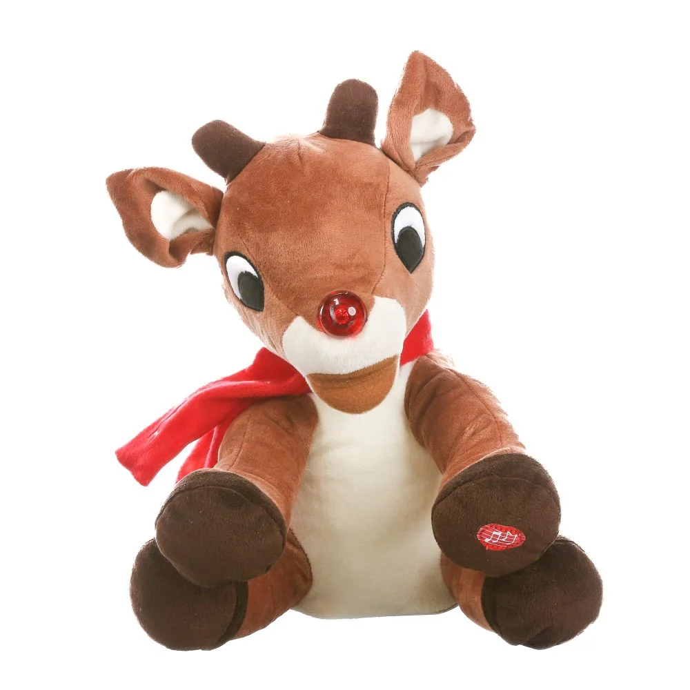 Figurina Craciun, ren cu nas rosu, muzical, poliester, inaltime 28 cm, maro