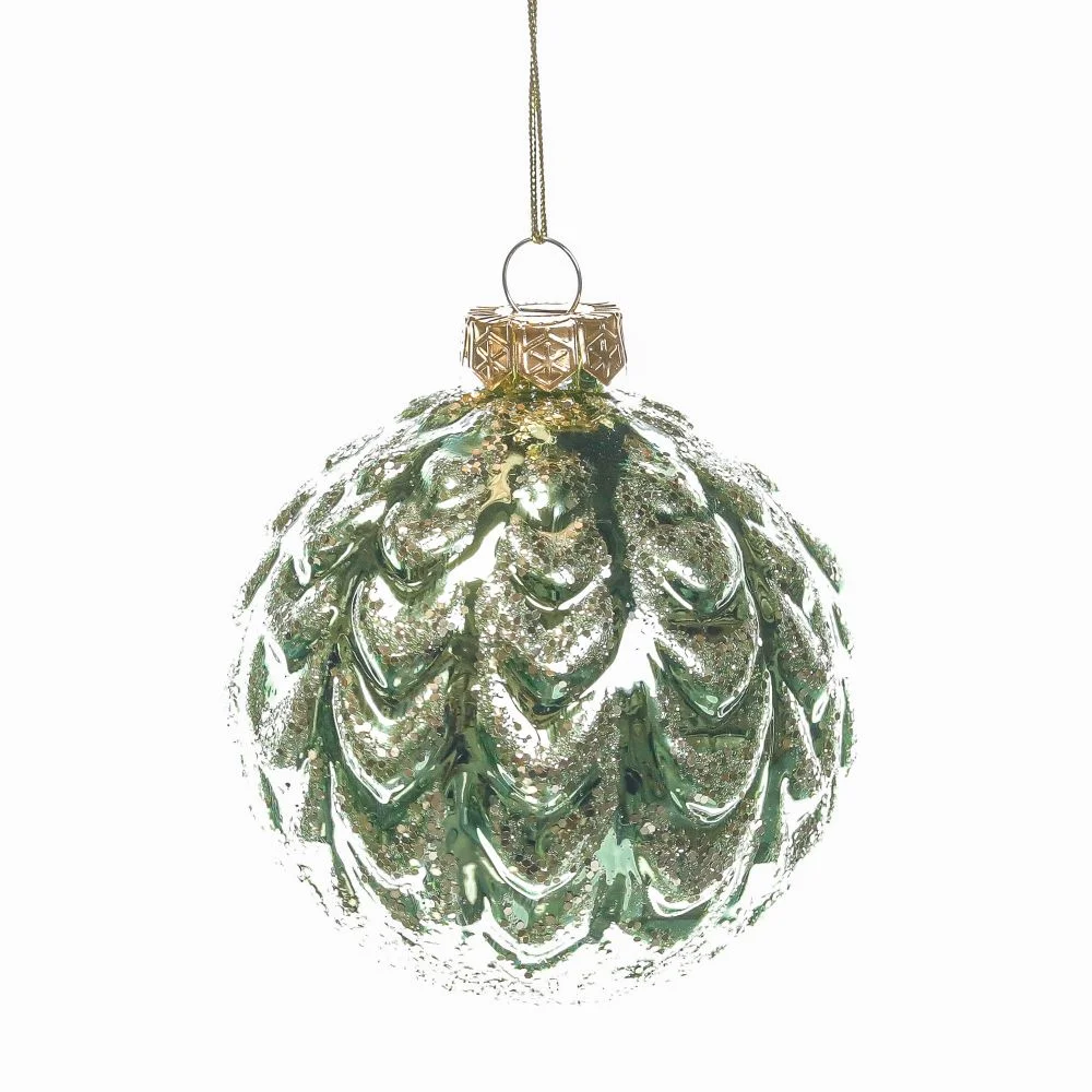Glob de Craciun, pentru brad, model con de brad, sticla, Ø 8 cm, verde