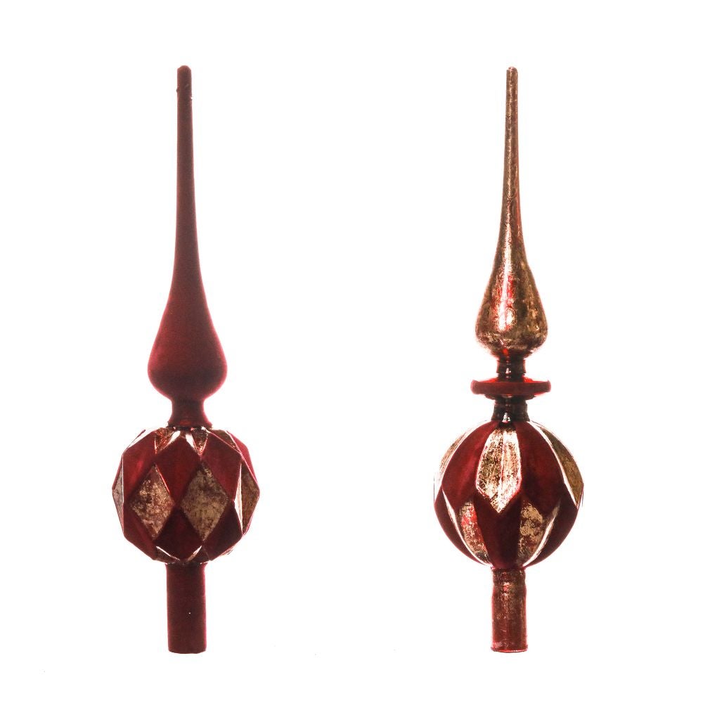 Varf de brad, cu catifea, sticla, inaltime 31 cm, rosu, diverse modele