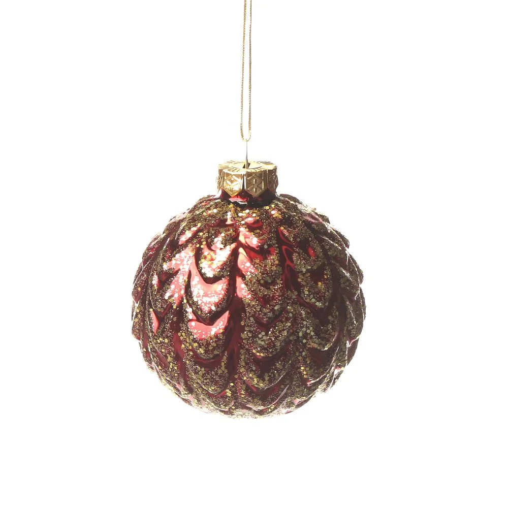 Glob de Craciun, pentru brad, model con de brad, sticla, Ø 8 cm, grena