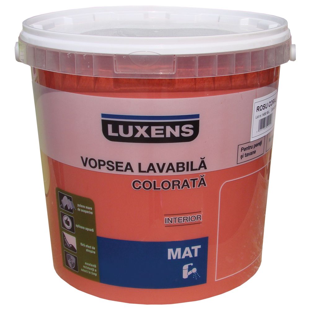 Vopsea lavabila colorata de interior 10 l, mata, Luxens Rosu Coral