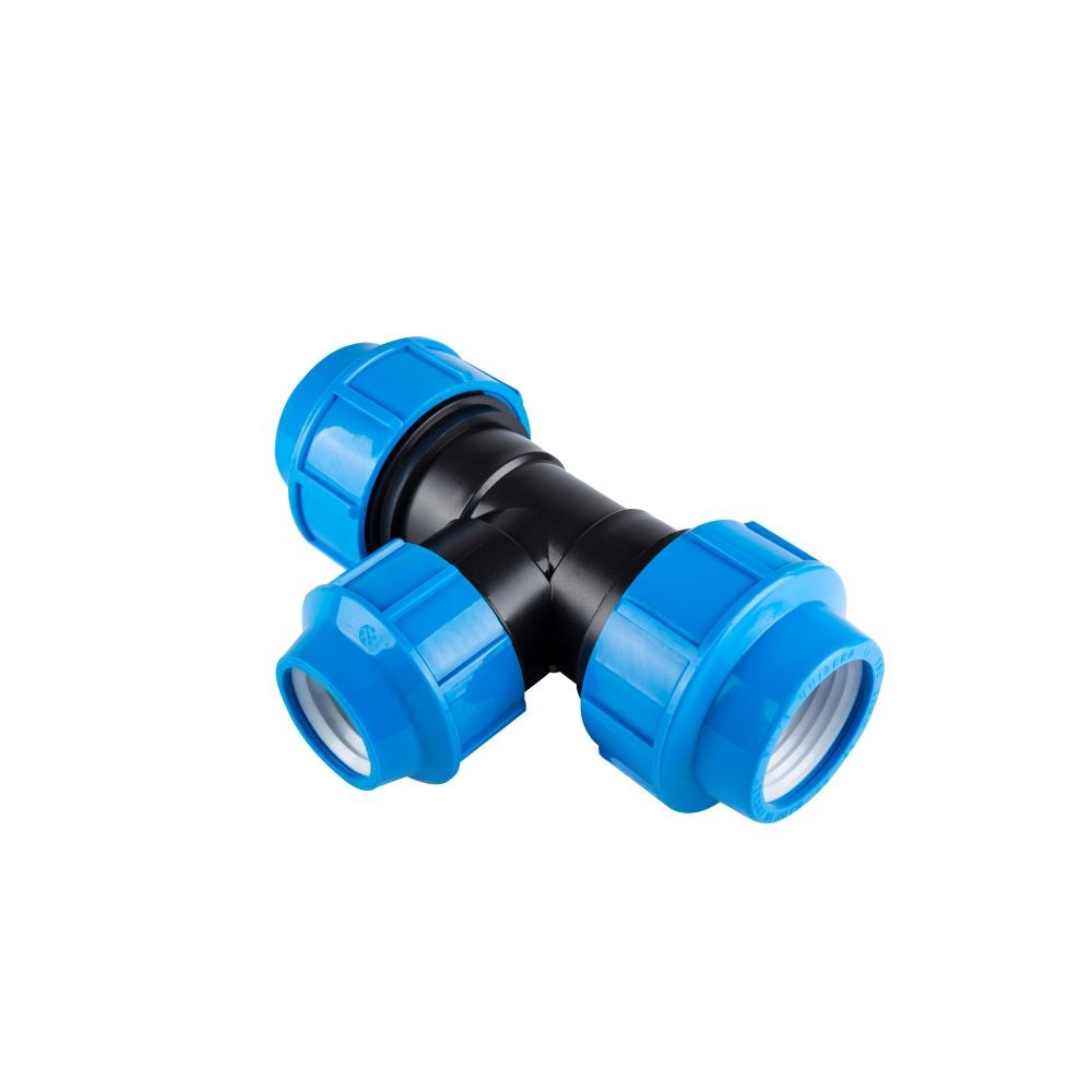 Teu compresiune pentru teava PEID, Ø 40/32/40 mm, negru/albastru