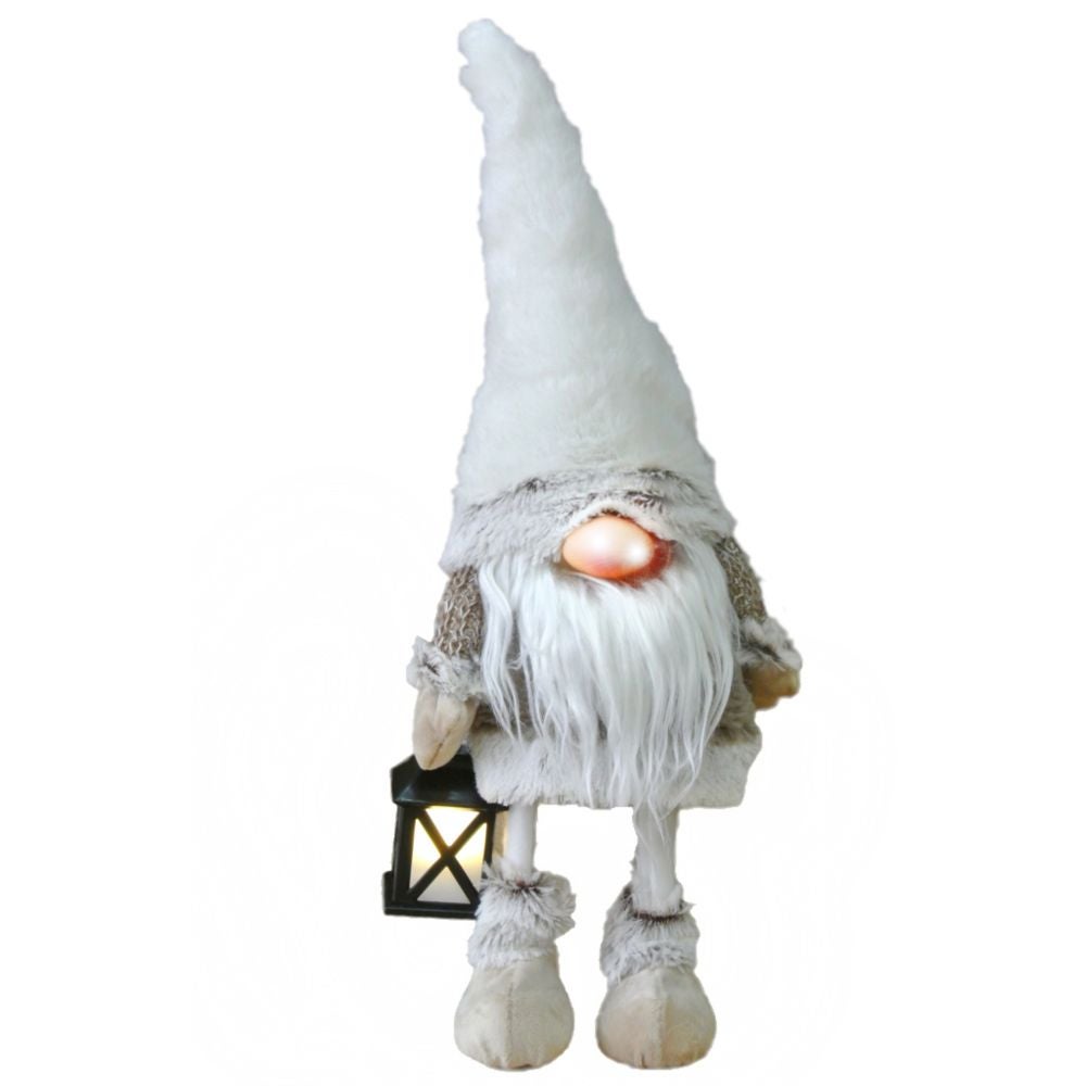 Figurina Craciun, gnom, cu LED, plastic/textil, inaltime 43 cm, alb