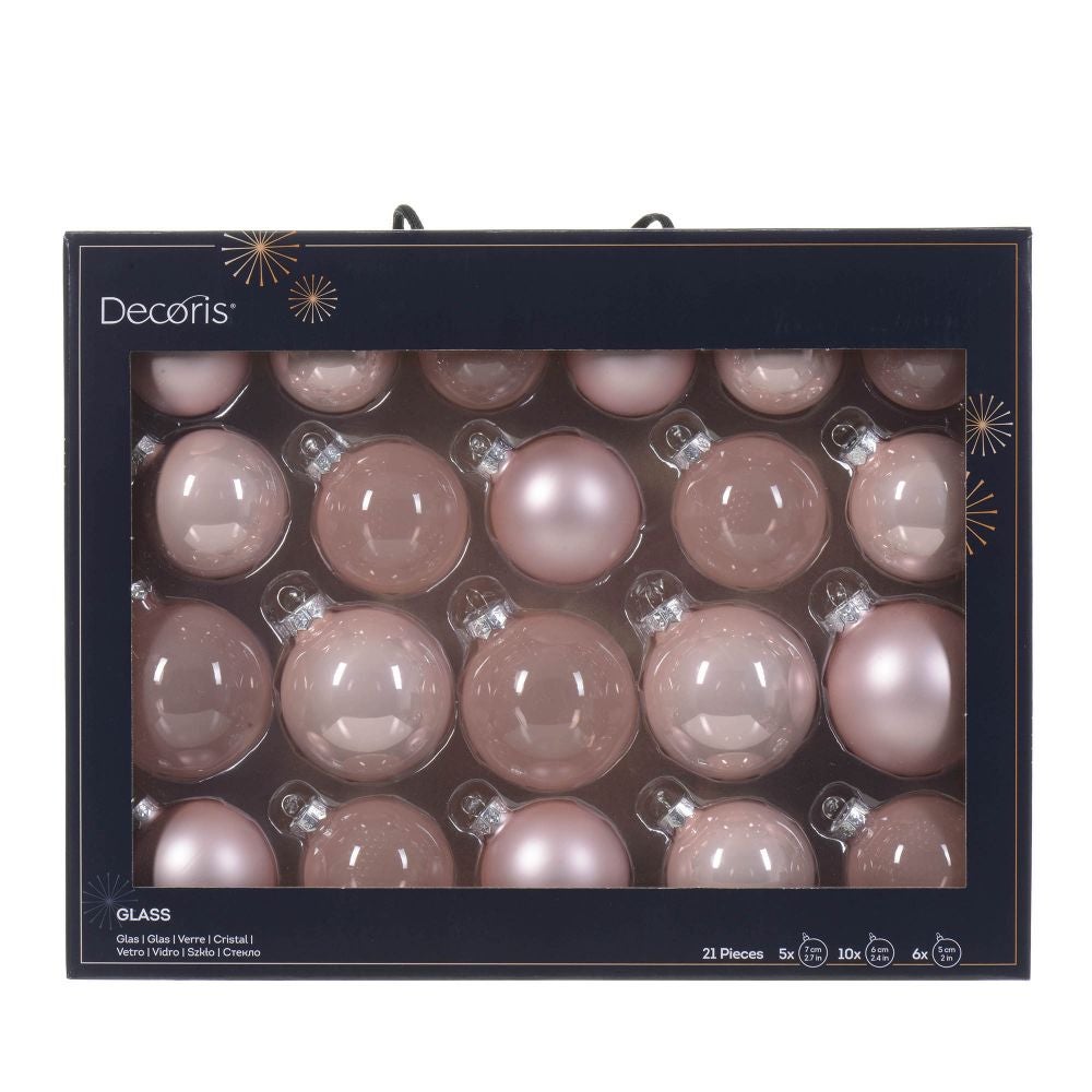 Globuri de Craciun, pentru brad, plastic, Ø 7 cm, roz deschis (set 21 buc)