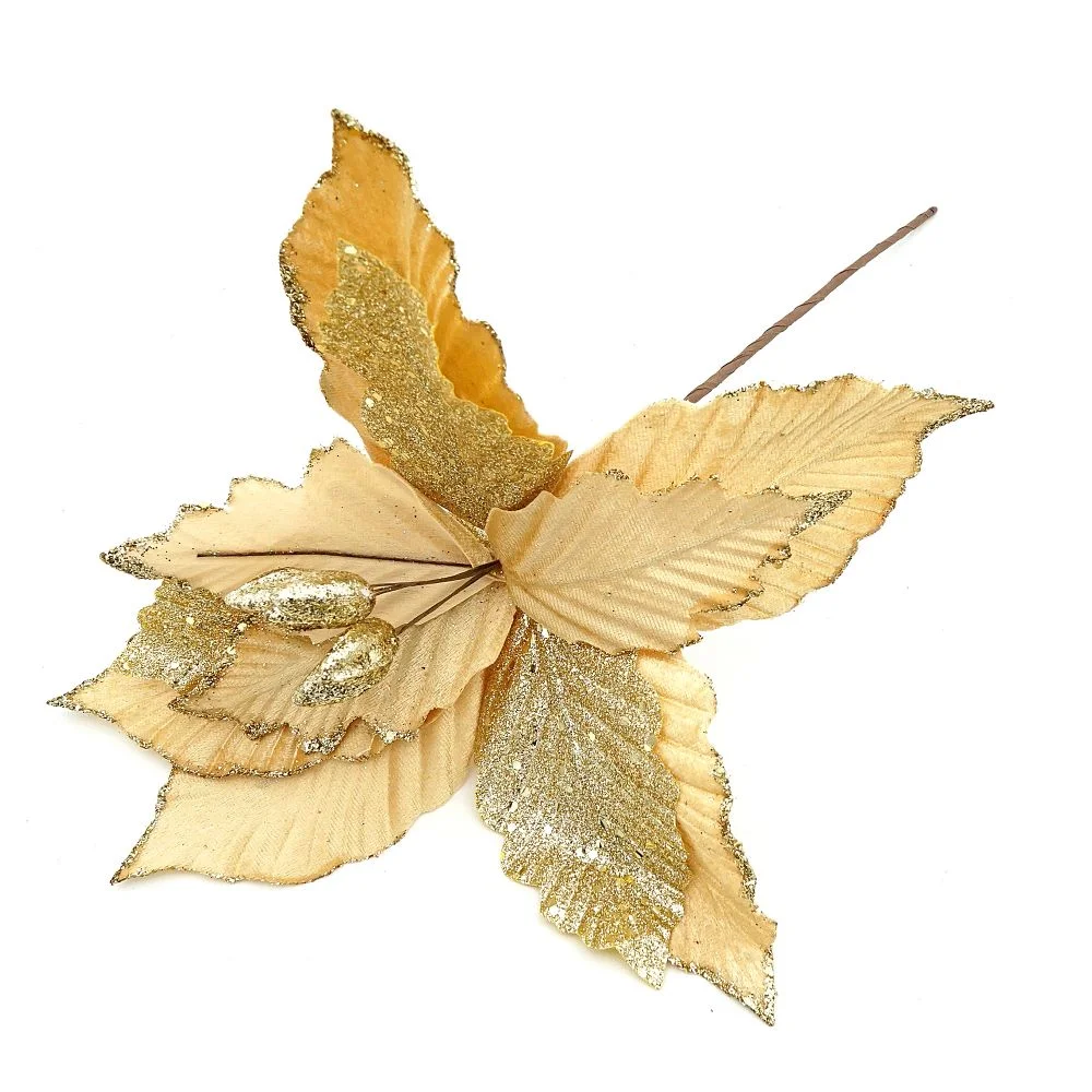 Decoratiune Craciun, pentru brad, model floare, plastic, 42 x 28 cm, auriu
