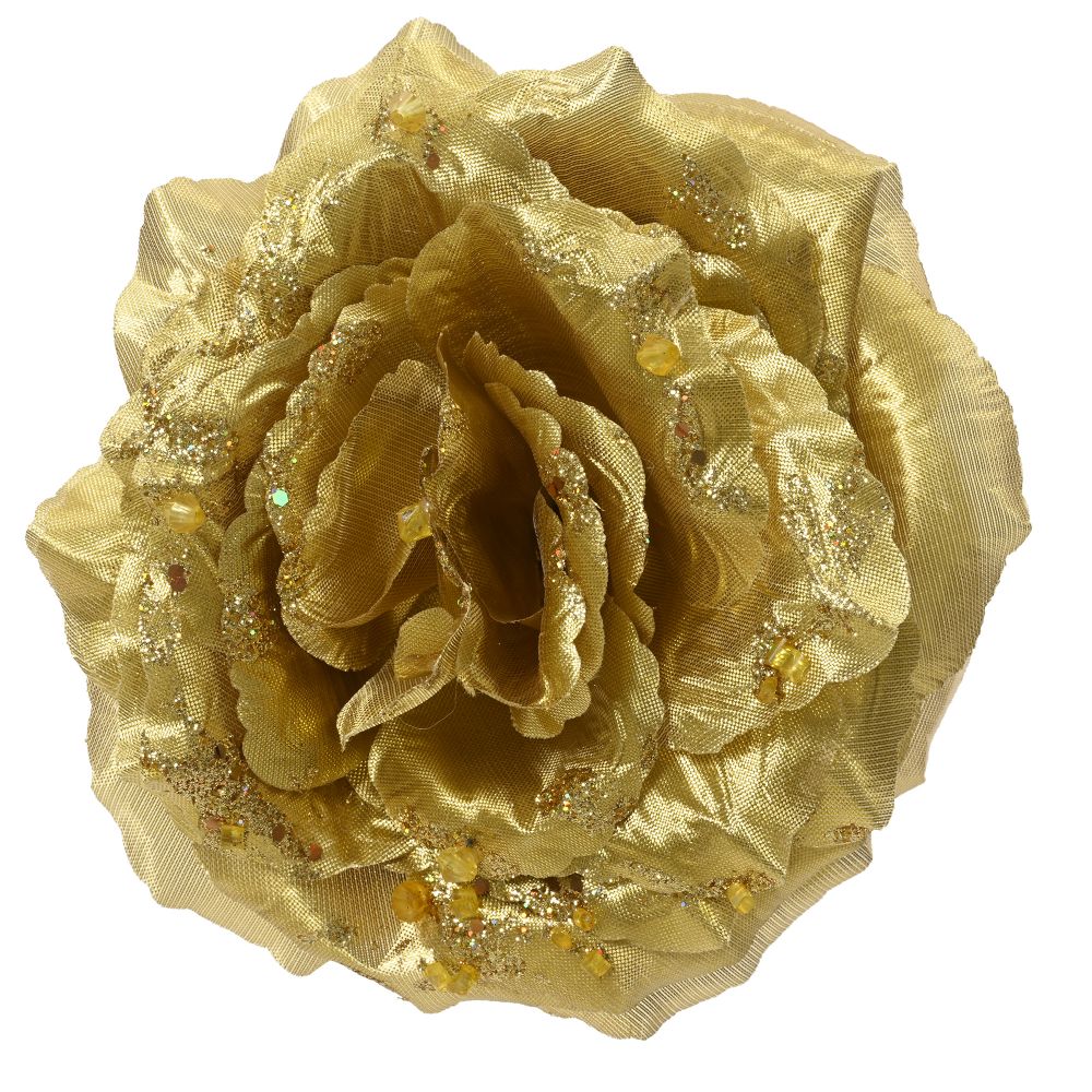 Floare artificiala, trandafir, cu clips, poliester, Ø 14 cm, auriu