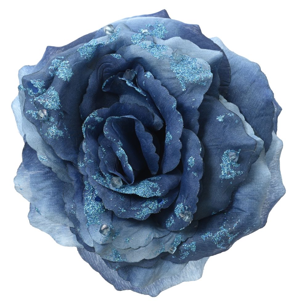 Floare artificiala, trandafir, cu clips, poliester, Ø 14 cm, albastru