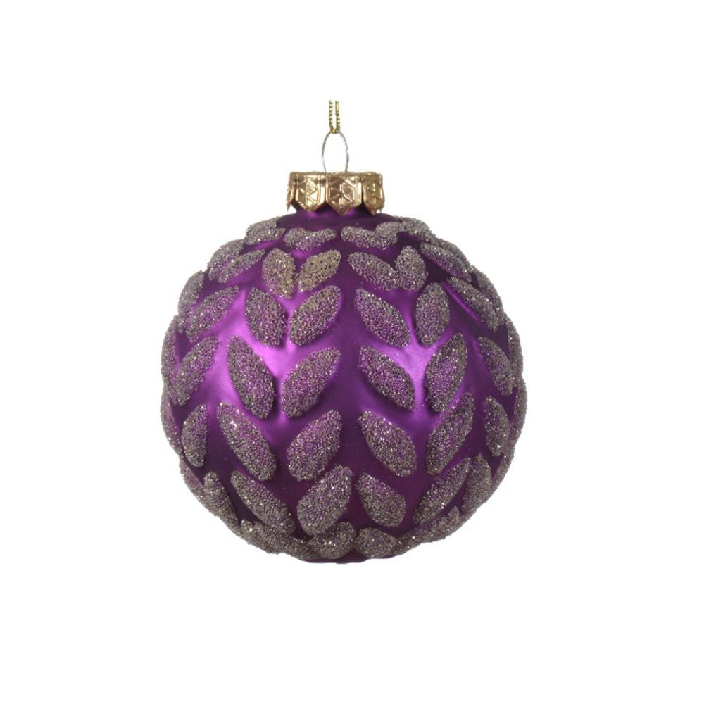 Glob de Craciun, pentru brad, cu frunze, Ø 8 cm, mov