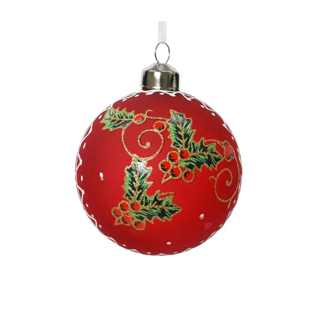 Glob de Craciun, pentru brad, cu frunze, Ø 8 cm, rosu