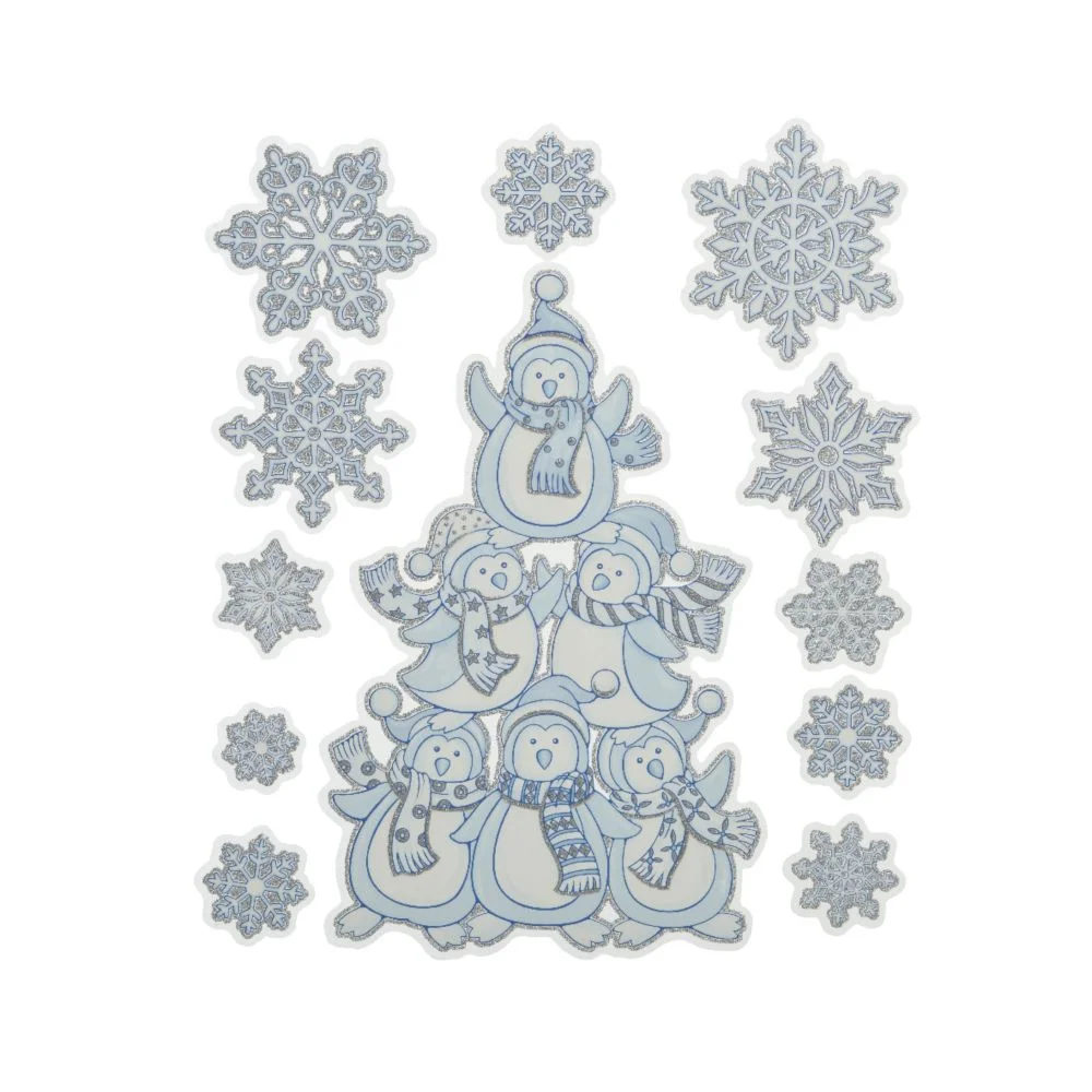 Sticker geam, pentru Craciun, pinguini, PVC, inaltime 41 cm, argintiu