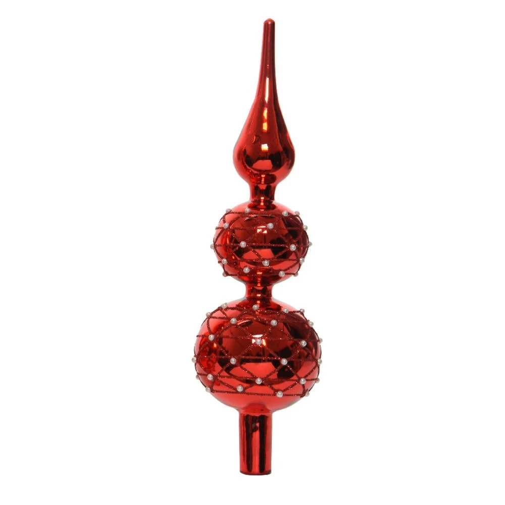 Varf de brad, model conic, cu perle, sticla, inaltime 31 cm, rosu