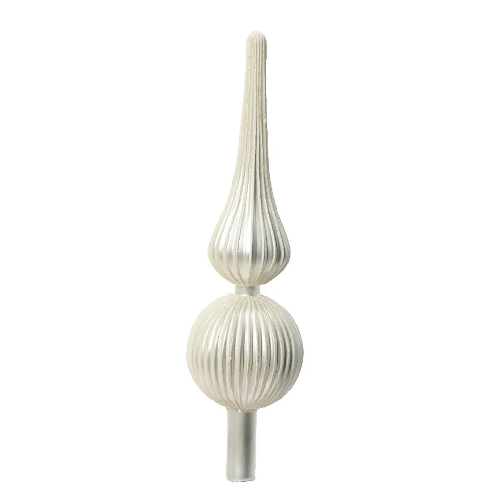 Varf de brad, model conic, linii verticale, sticla, inaltime 31 cm, alb