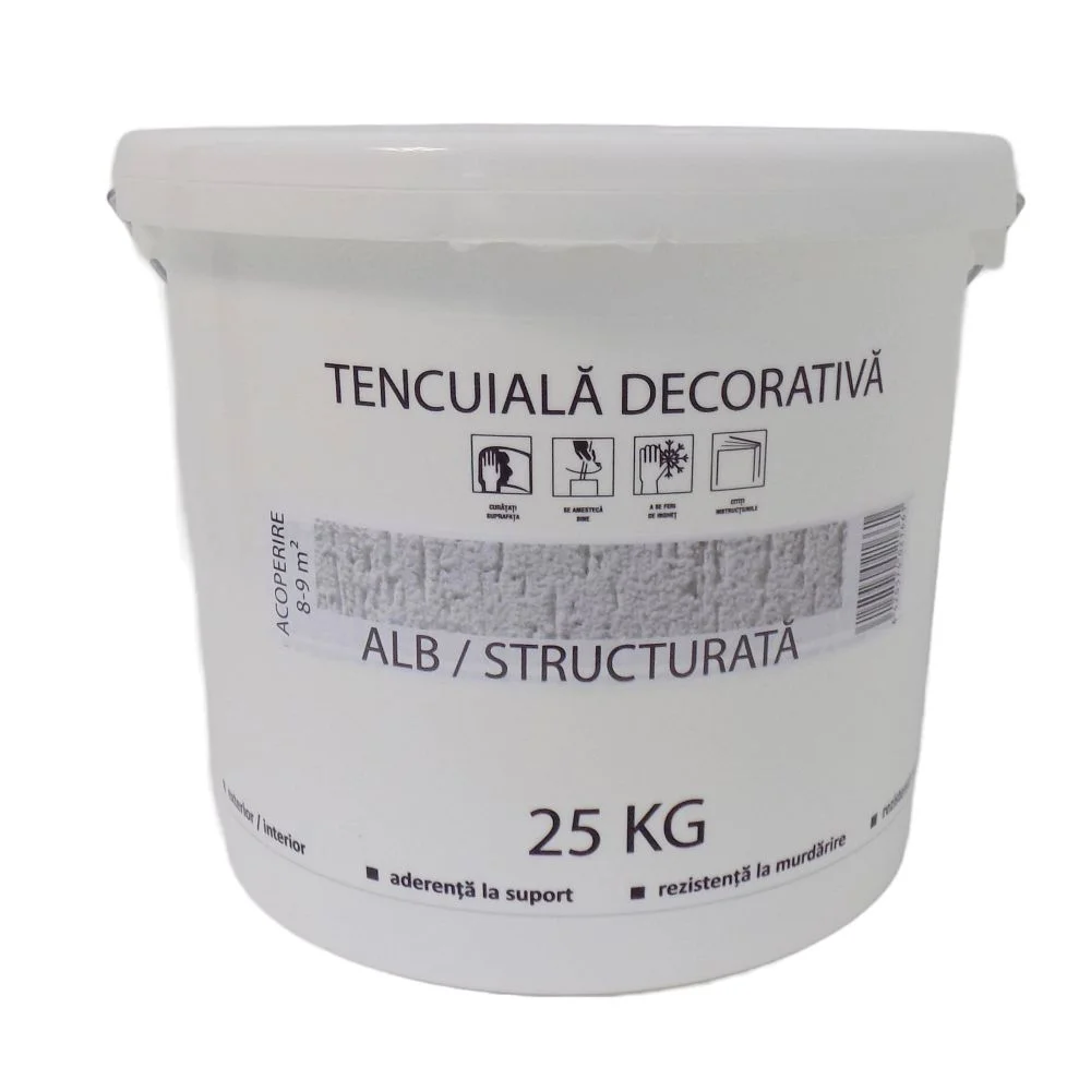 Tencuiala decorativa structurata, alb, 2 mm, aspect scoarta de copac, 25 kg