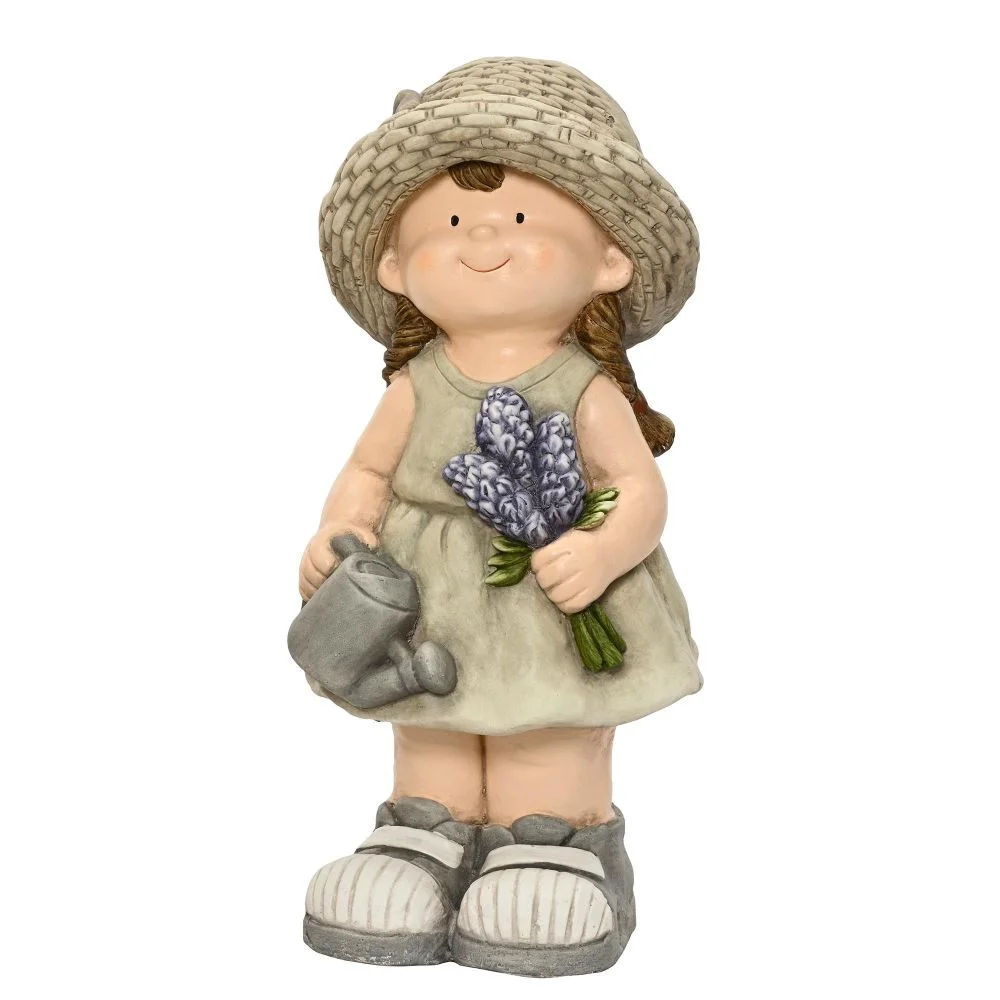 Statueta decorativa gradina, model fata cu flori, H 42.5 cm