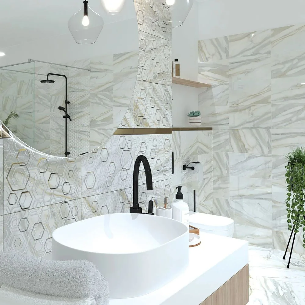 Faianta 25 x 40 cm, Cesarom Calacatta Oro, aspect marmura, alb, lucios