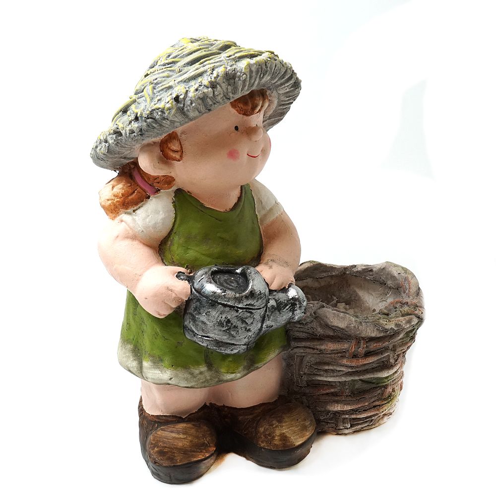 Figurina decorativa gradina, ceramica, fata cu suport de flori, H 41 cm