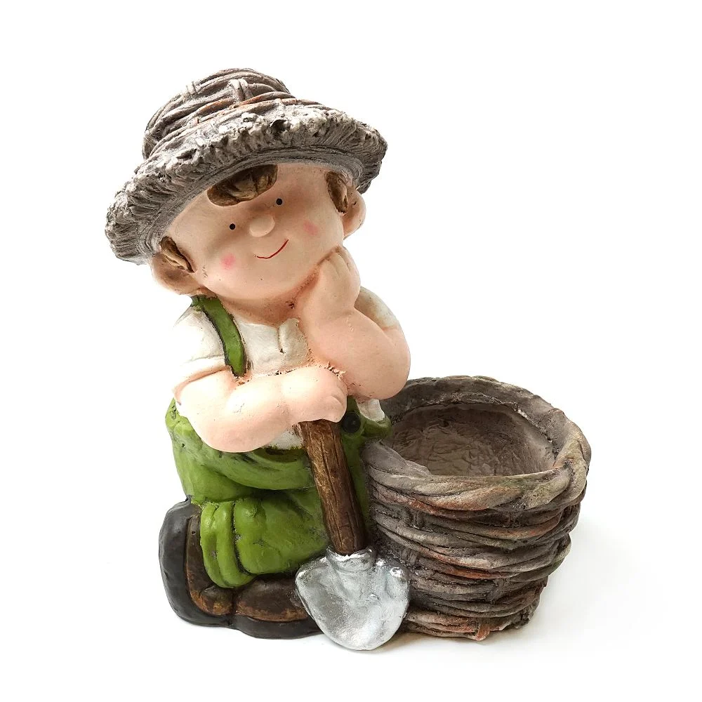 Figurina decorativa gradina, ceramica,baiat cu suport de flori, H 41 cm