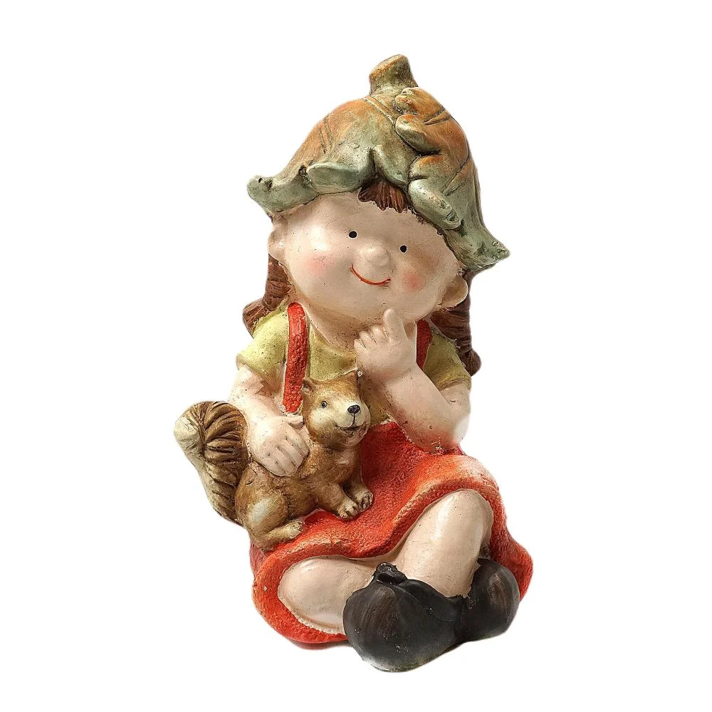 Figurina decorativa gradina, ceramica, fetita cu veverita, H 35 cm