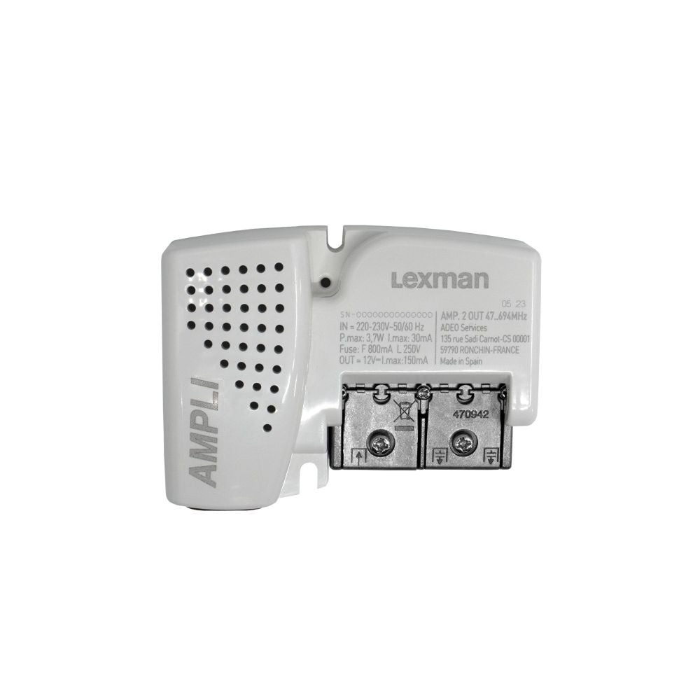 Amplificator semnal TV Lexman, 2 iesiri + alimentare electrica 12V, Alb