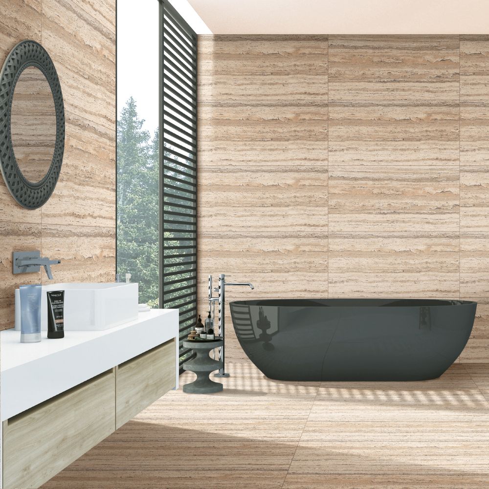 Gresie interior/exterior portelanata, 60 x 120 cm, Wood Travertine ...