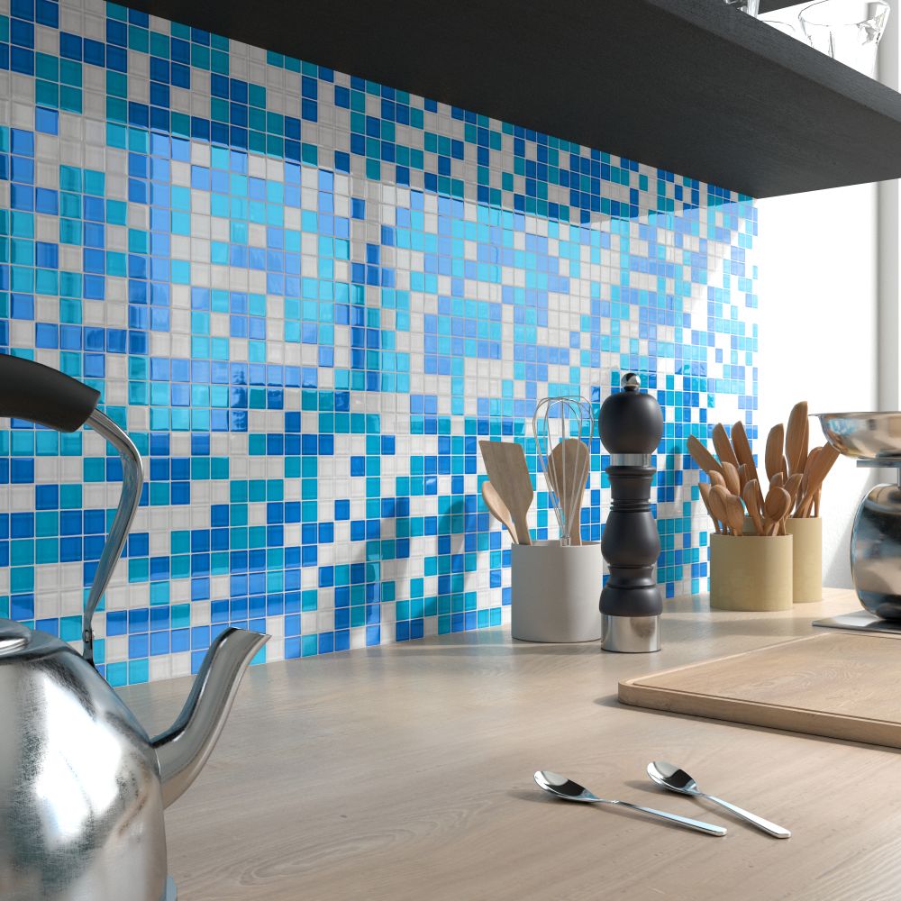 Mozaic din sticla 30 x 30 cm, Artens Clar, alb/albastru