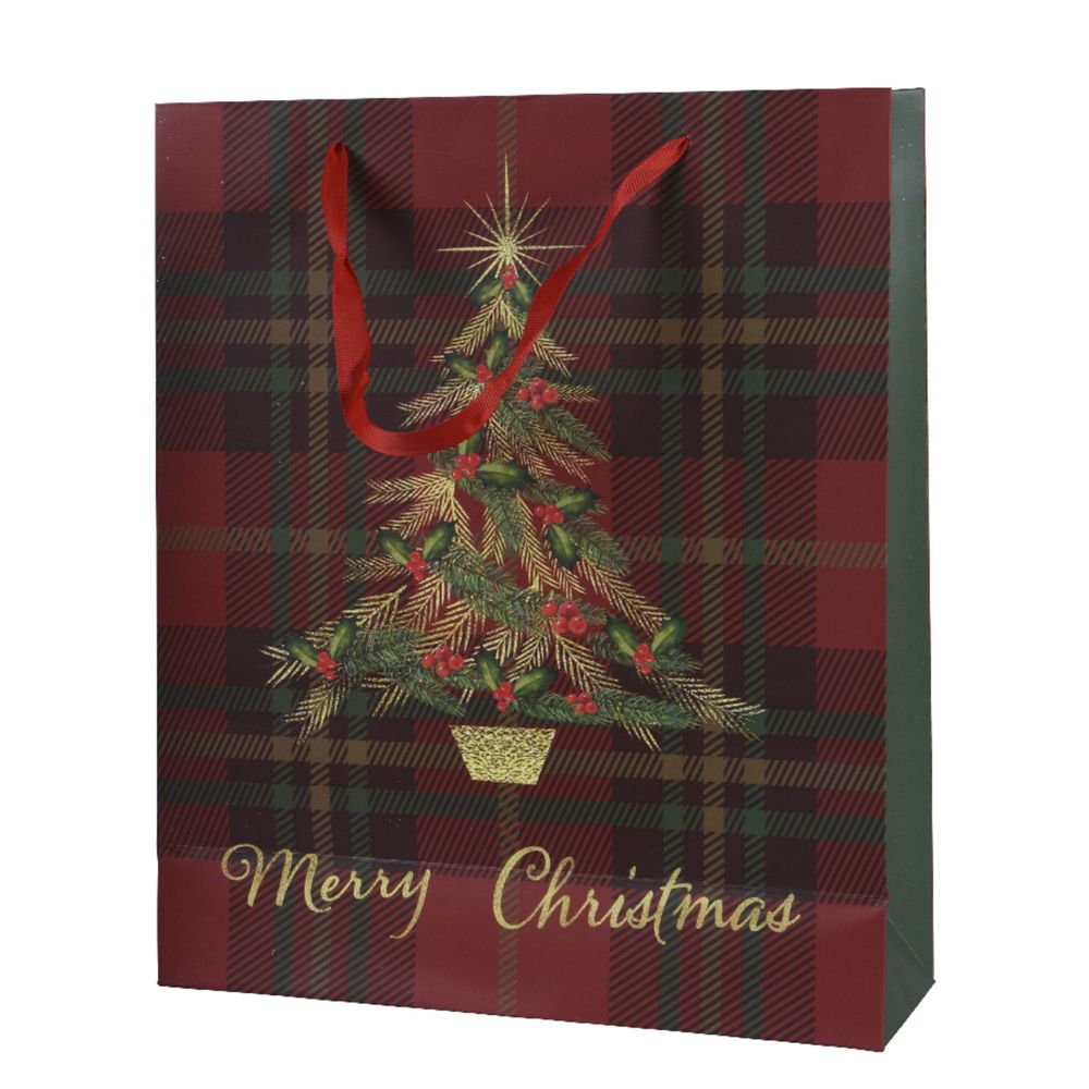 Punga cadou, model brad Craciun, 8 x 18 x 24 cm, rosu/verde