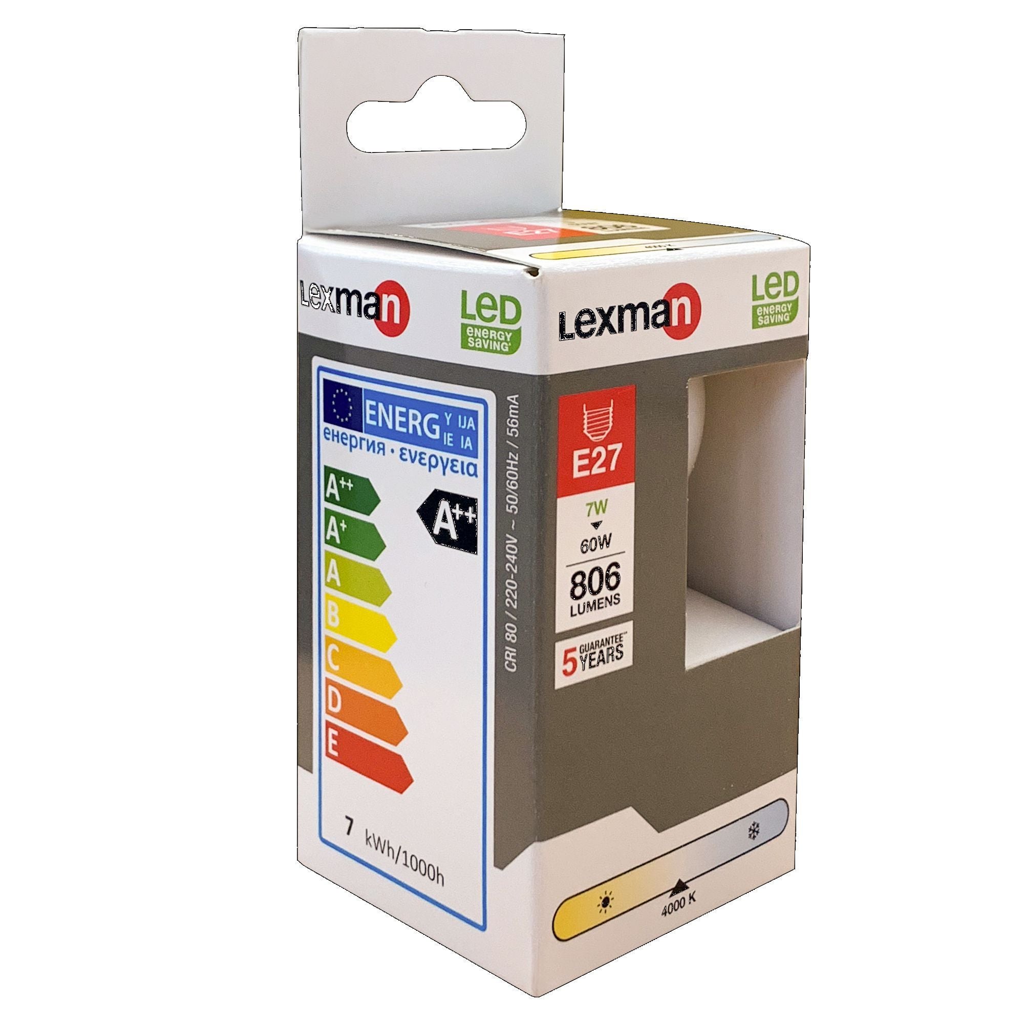 Bec LED Lexman, E27, alb neutru, 4000K, 7 W, 806 lm, tip sferic, mat