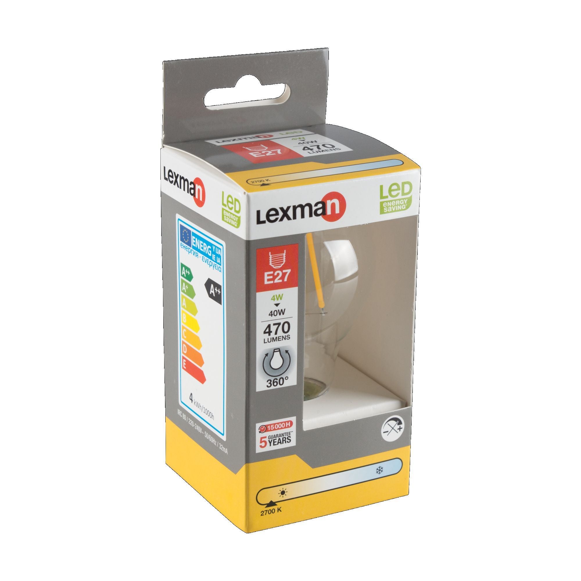 Bec LED Lexman, E27, alb cald, 2700K, 4 W, 470 lm, tip clasic, transparent