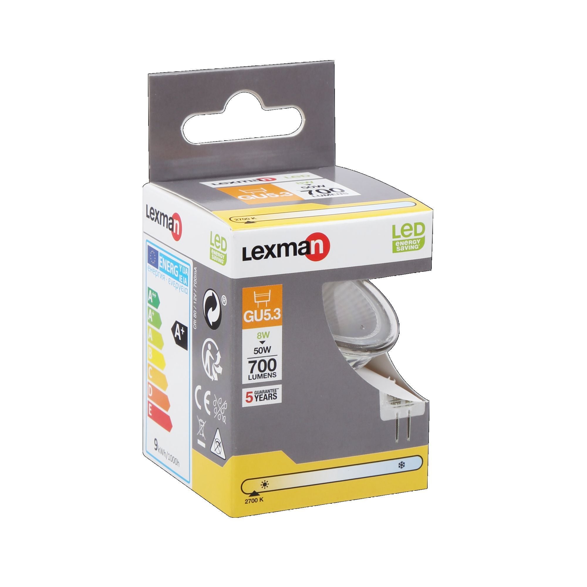 Bec LED Lexman, GU5.3, alb cald, 2700K, 8 W, 700 lm, tip reflector