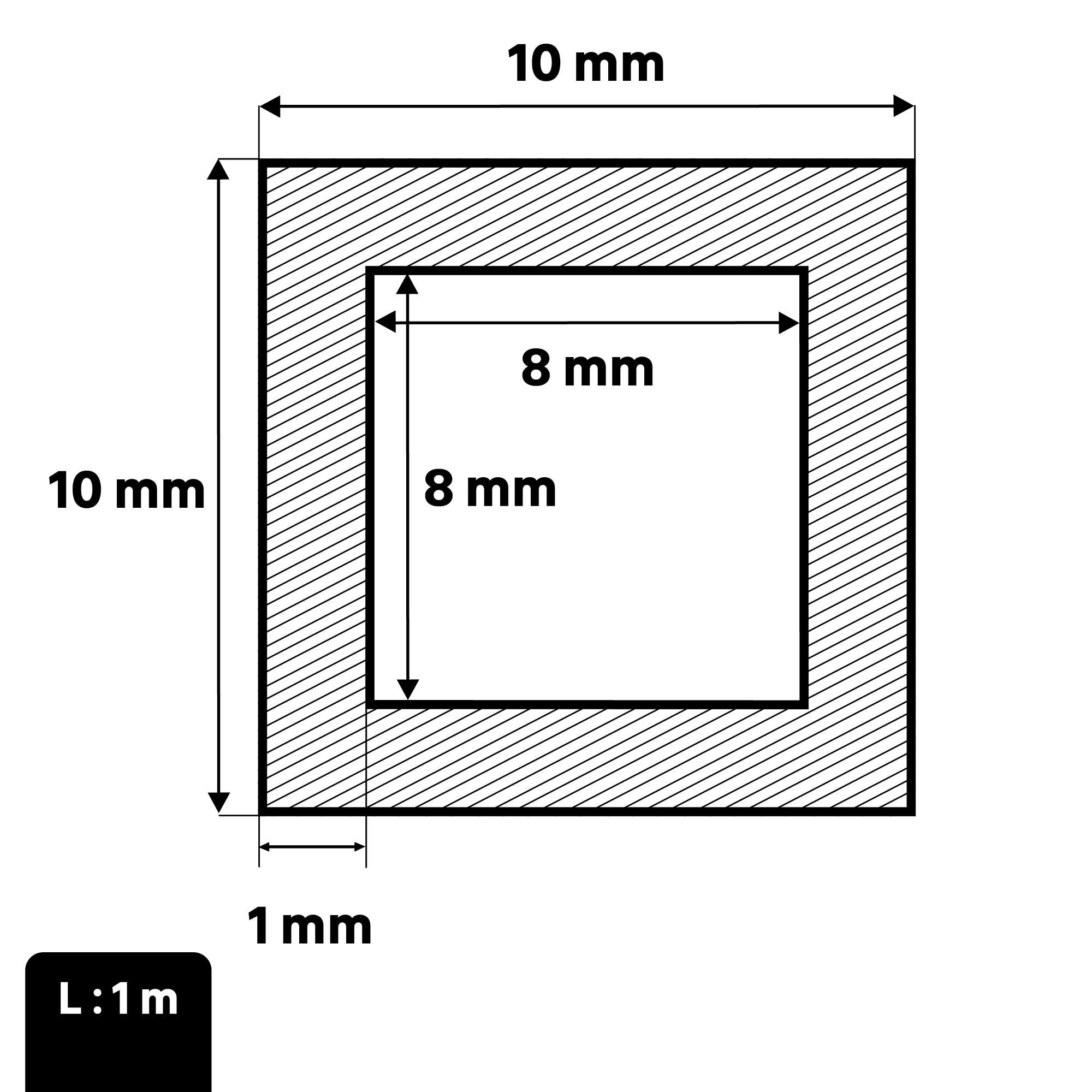 Patrat gol aluminiu 10 x 10 x 1 mm, 1 m