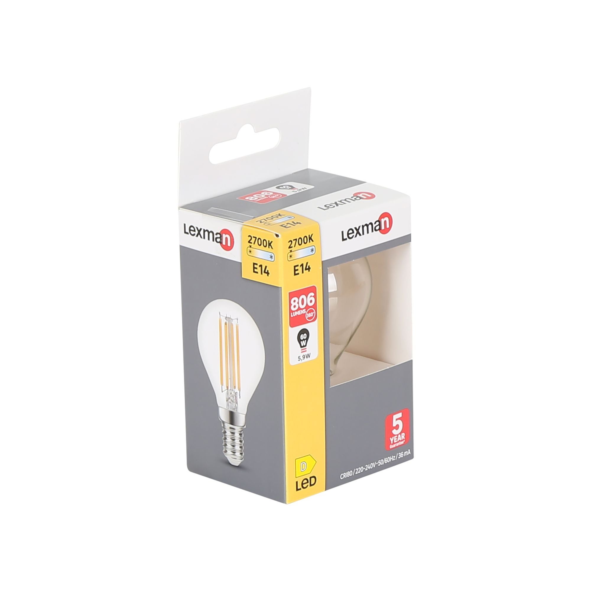 Bec LED Lexman, E14, G45, filament clar, alb cald, 2700k, 5.9 W, 806 lm