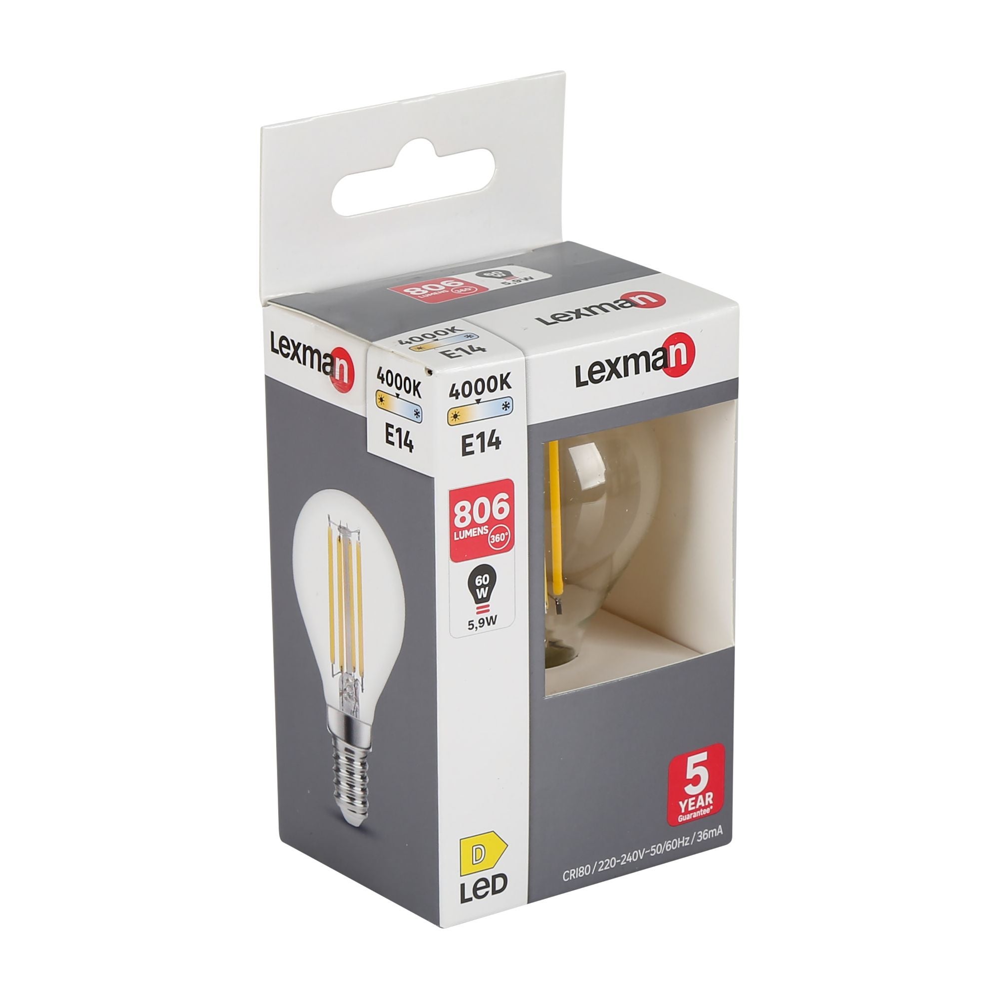 Bec LED Lexman, E14, G45, filament clar, alb neutru, 4000k, 5.9 W, 806 lm