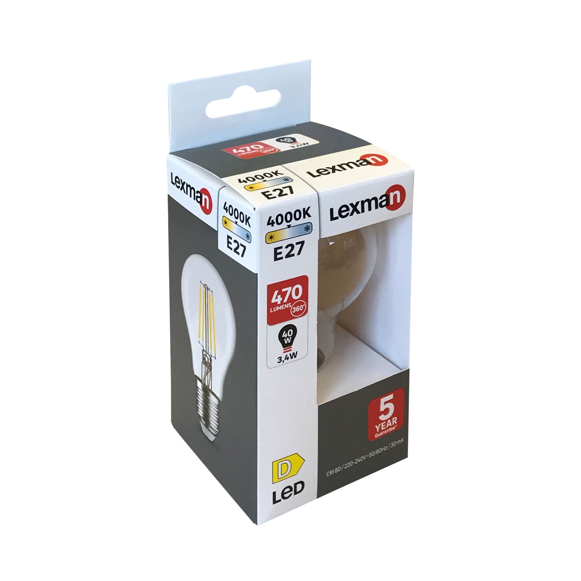 Bec LED Lexman, E27, A60, filament clar, alb neutru, 4000k, 3.4 W, 470 lm