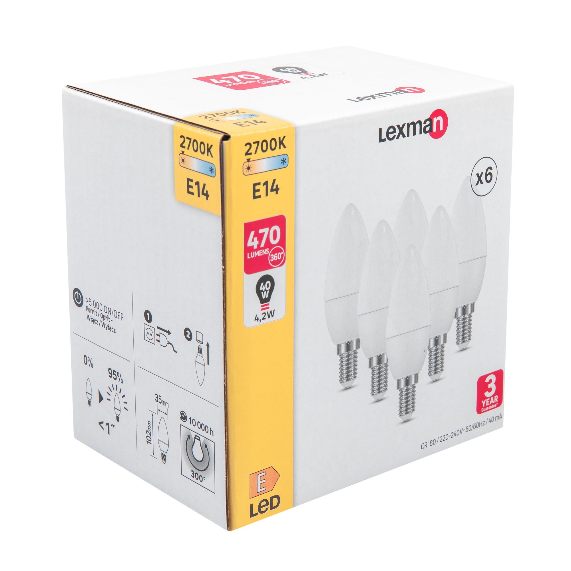 Bec LED Lexman, E14, C35, 4.2 W, alb cald, 2700K, 470 lm, tip lumanare ...