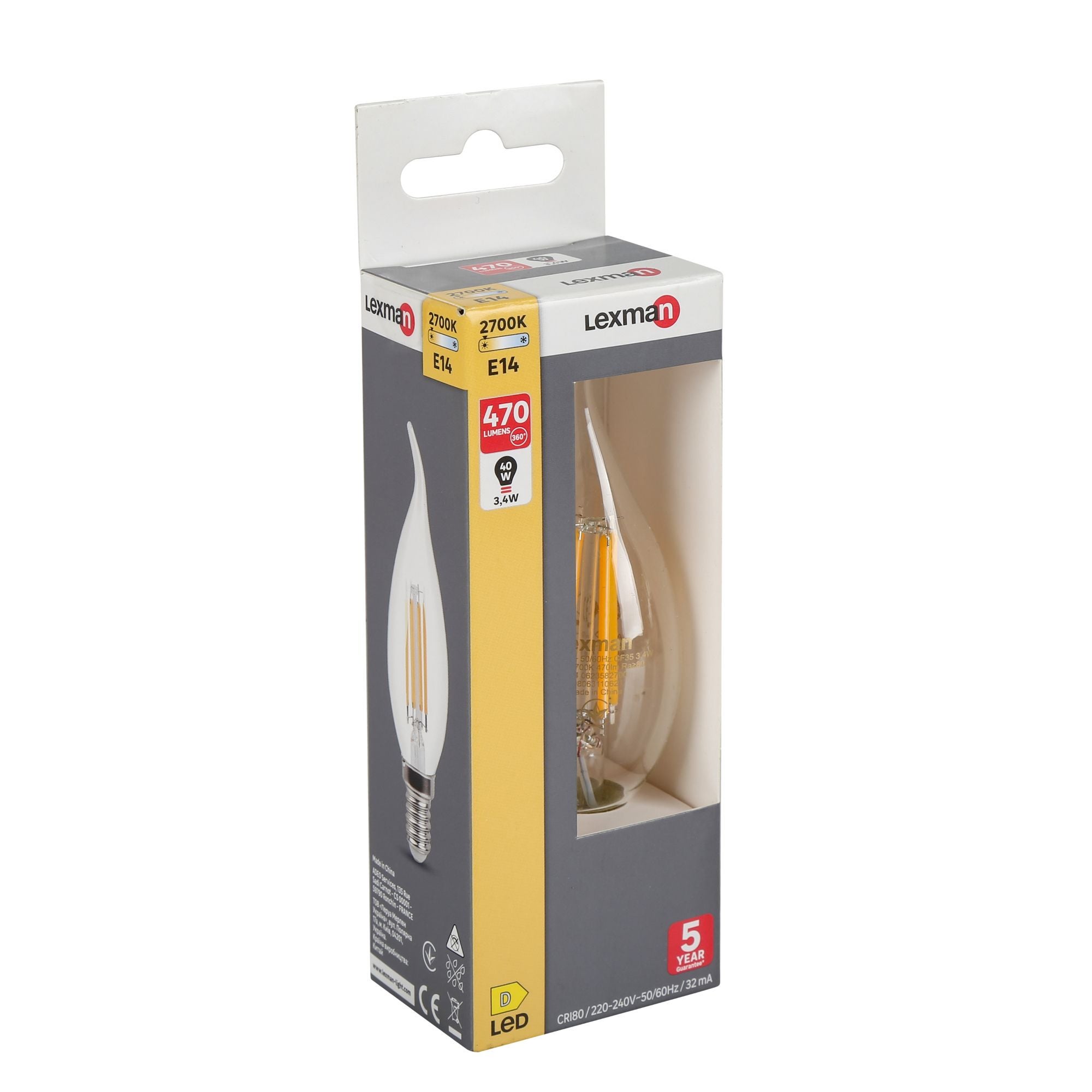 Bec LED Lexman, E14, CF35, filament clar, alb cald, 2700k, 3.4 W, 470 lm