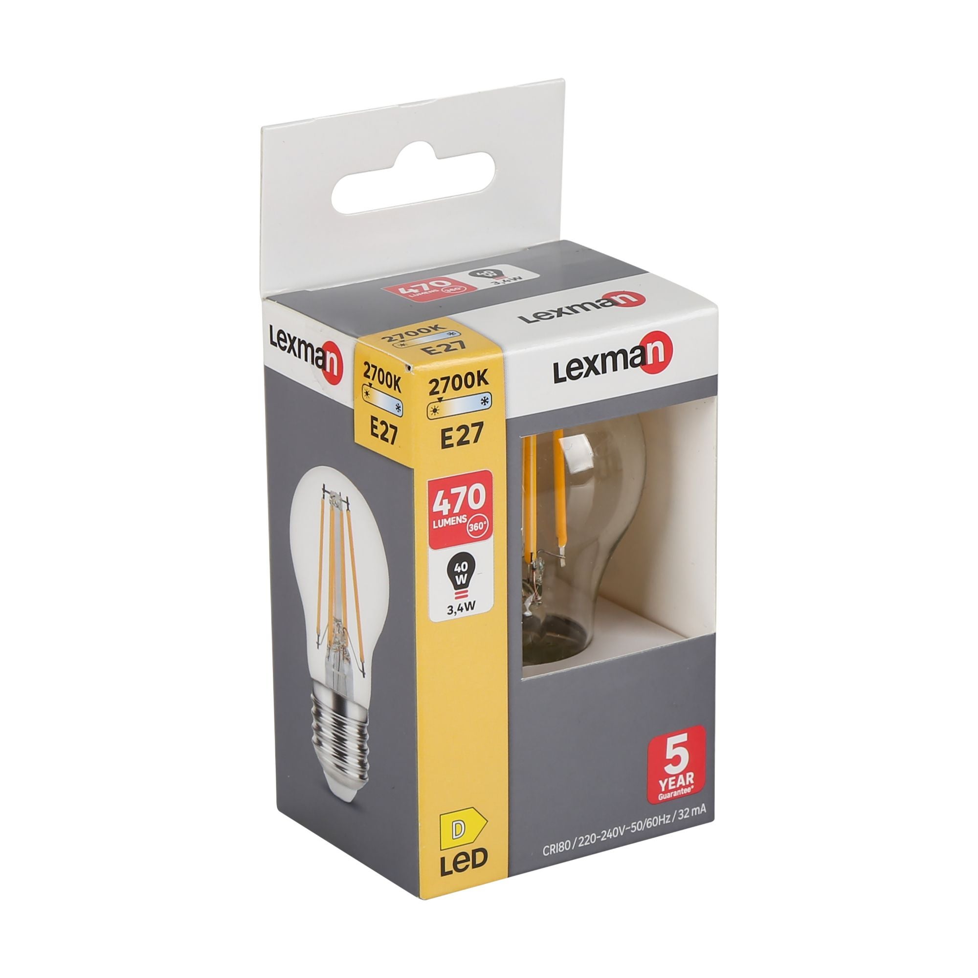 Bec LED Lexman, E27, G45, filament clar, alb cald, 2700k, 3.4 W, 470 lm